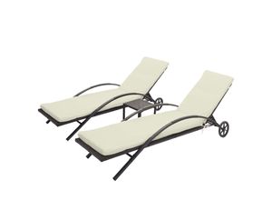 4057651424804 - 2er-Set Sonnenliege MCW-E27 Relaxliege Gartenliege Poly-Rattan ~ braun Kissen creme-beige