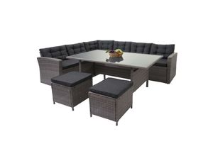 4057651544342 - Poly-Rattan-Garnitur MCW-A29 Gartengarnitur Sitzgruppe Lounge-Esstisch-Set Sofa ~ grau Kissen grau + 2x Hocker