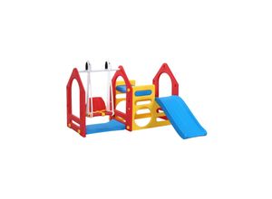 4260218341135 - Littletom - Kinder Spielhaus mit Rutsche Schaukel 155x135cm Spiel-Turm Kletter-Haus Kunststoff Kinderspielhaus - bunt