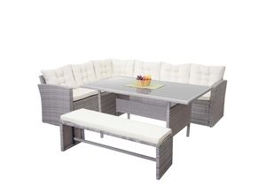 4057651292434 - Poly-Rattan-Garnitur MCW-A29 Gartengarnitur Sitzgruppe Lounge-Esstisch-Set Sofa ~ hellgrau Kissen creme + Bank