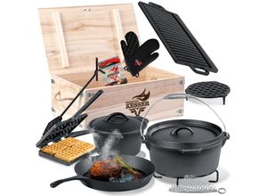 4260751942981 - KESSER® Dutch Oven Set in Holzkiste mit Dutch Oven Mit viel Zubehör - Gusseisen - bereits eingebrannt mit Kochtopf Grillplatte Pfanne Deckelheber Inkl Rezeptbuch Handschuhe