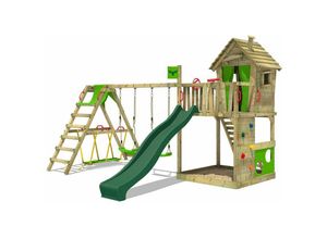 4251511816109 - Fatmoose - Spielturm Klettergerüst HappyHome mit Schaukel SurfSwing & Rutsche Spielhaus mit Sandkasten Leiter & Spiel-Zubehör - grün - 1