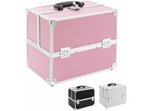 4260199751145 - Kosmetikkoffer 15L 5 Fächer Pink Aluminium inkl Schloss & Schlüssel 2 ausklappbare Etagen Samteinlage 32 x 27 x 22 cm Pink - Arebos