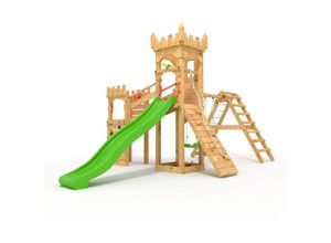 0798003594748 - BIBEX® Spielturm - Ritterburg XL150 - lange Rutsche 2x Turme 2x Schaukel + Knotennetz (Zacken)