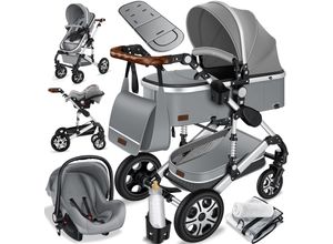 4260663280966 - KESSER® Loops 3 in 1 Kinderwagen Kombikinderwagen Komplettset incl Babywanne & Buggy Sportsitz & Auto-Babyschale - Voll-Gummireifen - Wickeltasche Regenschutz Kindertisch Set