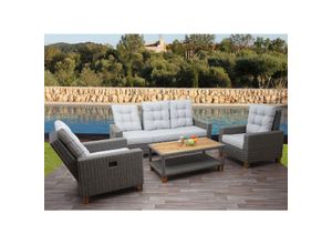 4057651377797 - Gartengarnitur MCW-G28 Sitzgruppe Lounge-Set Akazie Holz halbrundes Rattan verstellbar FSC ~ grau Kissen hellgrau