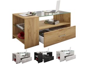 4051814404658 - Holz Couchtisch mit ESG-Sicherheitsglas Sofatisch mit ausreichend Stauraum Maße ca H 45 x B 100 x T 50 cm Wohnzimmertisch mit Schublade - Tindala