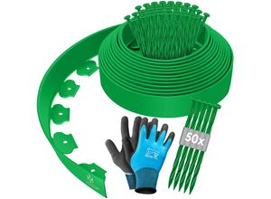 4255598311595 - KESSER® Flexible Rasenkante aus Kunststoff Länge 10m Höhe 5cm mit 50 Erdanker + Handschuhe Beeteinfassung Beetumrandung Beetbegrenzung Mähkante Pflastersteine Palisade