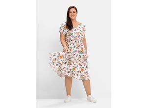 4063136844456 - Große Größen Kleid mit floralem Print und weitem Rockteil weiß gemustert Gr48