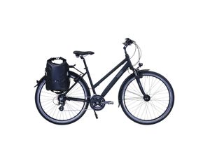 4260471753768 - HAWK Trekking Premium Fahrrad inkl Tasche – Black Damen 28 Zoll – Rahmenhöhe 48 cm - Fahrrad mit Microshift 24 Gang Kettenschaltung & Beleuchtung I Allrounder I Schwarz