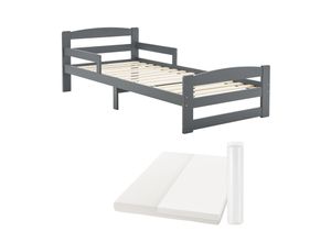 4260565527817 - Jugendbett Arona 90x200 cm mit Matratze - Bettgestell aus Massivholz in Grau - Einzelbett mit Rausfallschutz - Stauraum unter dem Bett - Juskys