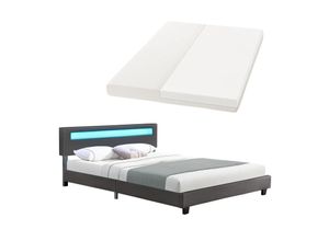 4260304767016 - Polsterbett Paris 160 x 200 cm mit Matratze Lattenrost led Beleuchtung & Kopfteil - Kunstleder & Holz - Bett Bettgestell Jugendbett - grau - Juskys