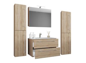 4051814383380 - 5-tlg Waschplatz Badinos 2 Schubfächer 60 cm Mit Spiegelschrank + Hochschränke Sonoma-Eiche