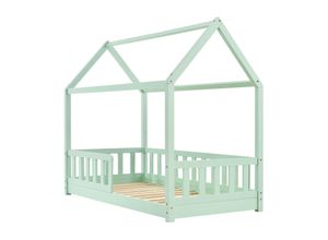 4260565524236 - Kinderbett Marli 80 x 160 cm mit Rausfallschutz Lattenrost und Dach - Hausbett für Kinder aus Massivholz - Bett in Mint - Juskys