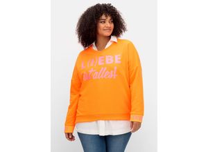 4063136924820 - Große Größen Sweatshirt mit Wordingprints und V-Ausschnitt orange bedruckt Gr54