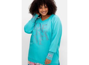 4063136924905 - Große Größen Sweatshirt mit Glitzer-Frontdruck und V-Ausschnitt türkis Gr54