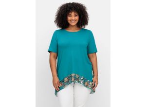 4063136905713 - Große Größen Longshirt mit floral bedruckten Crêpe- Einsätzen aqua Gr52 54