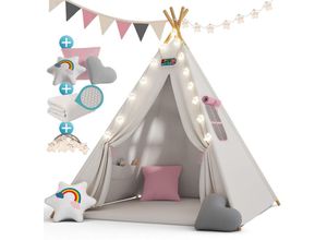 4251777202869 - Tipi Zelt für Kinder Indoor 130x130cm Set mit Bodenmatte Kinderzelt Lichterkette Girlande Kissen Spielzelt Baumwolle Holz Tragetasche rosa - Spielwerk