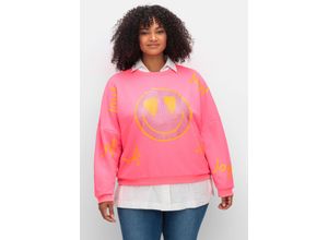 4063136923892 - Große Größen Sweatshirt mit Smiley-Frontdruck und Glitzersteinen pink Gr44