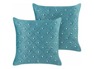 4255664822215 - Beliani - Dekokissen 2er Set Türkis aus Samt 45 x 45 cm Quadratisch mit Dekorativen Elementen Glamour Edel Elegant für Wohnzimmer Schlafzimmer Sessel