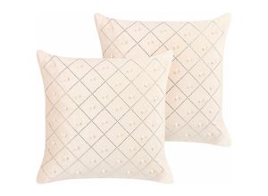 4255664822208 - Dekokissen 2er Set in Beige aus Samt 45 x 45 cm Quadratisch mit Dekorativen Elementen Glamour Edel Elegant für Wohnzimmer Schlafzimmer Sessel - Beige