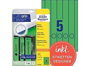 4004182047507 - ® - Ordnerrückenetikett ultragrip schmal lang 38 x 297 mm (b x h) selbstklebend mit Griffloch grün 100 Etik Pack