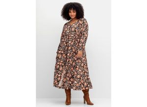 4063136882403 - Große Größen Maxikleid mit Blumenprint und gesmokter Taille schwarz gemustert Gr46