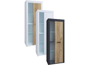 4051814435096 - Holz Kommode Sideboard Highboard Vitrine Wohnzimmer Schrank Usilo Drehtür Glas (Farbe Weiß   Honig-Eiche)