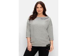 4063136888085 - Große Größen Oversized-Shirt mit Bindeband am Saum grau meliert Gr40 42