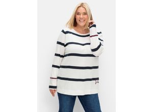 4063136929238 - Große Größen Gestreifter Pullover mit Stern-Stickerei aus Baumwolle offwhite gestreift Gr44 46