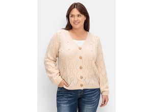 4063136943265 - Große Größen Kurze Lochmuster-Strickjacke mit Wollanteil offwhite Gr40 42