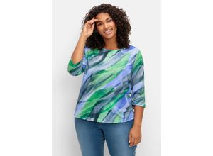 4063136963355 - Große Größen 3 4-Arm-Shirt mit Alloverdruck in gebatikter Optik royalblau-grasgrün bedruckt Gr44