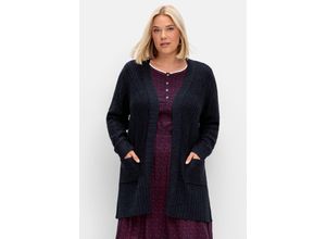 4063136942497 - Große Größen Lange Strickjacke mit Zickzack-Ajourmuster nachtblau meliert Gr48 50