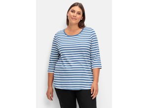 4063136963935 - Große Größen Ringelshirt mit 3 4-Arm aus reiner Baumwolle jeansblau-offwhite Gr52