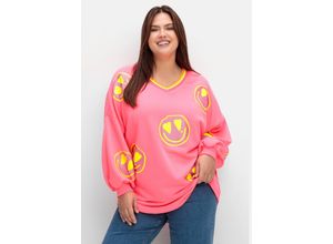 4063137018481 - Große Größen Sweatshirt mit Smileyprint und Glitzersteinen pink Gr42