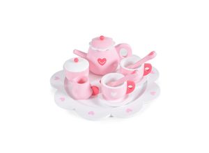 3800146222444 - Kinder Teeservice Herz 005 Holz 10-teilig Kanne Tassen Löffel Teller rosa