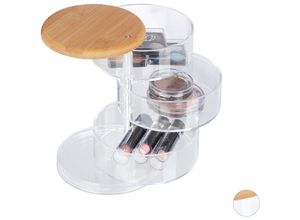 Image of Make Up Organizer, rund, 3 drehbare Ebenen, für Kosmetik & Schmuck, Bambusdeckel, Kunststoff, Schminkbox, klar - Relaxdays