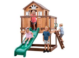 0752113102316 - Backyard Discover Spielhaus Echo Heights mit grüner Rutsche Sandkasten & Veranda Stelzenhaus in Braun aus Holz für Kinder Spielturm für den Garten