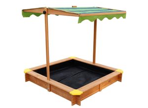 8717973931843 - Sandkasten Lily aus FSC Holz mit verstellbarem Dach in Braun & Grün Sand Kasten mit Abdeckung für Kinder mit Sitzecken 118 x 118 cm - Braun