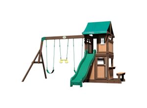 0752113001022 - Backyard Discovery - Lakewood Spielturm aus Holz xxl Spielhaus für Kinder mit Rutsche Schaukel Trapez & Picknicktisch Stelzenhaus für den Garten