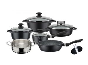 4005643414562 - Topf-Set Gourmet Granit Aluminiumguss (Set 11-tlg Kochtopf 20 24 Stieltopf 16 2 Pfannen 24cm 1 Dämpfer Pfannenwender) Induktion schwarz