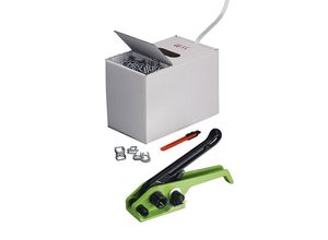 4030198170403 - Umreifungs-Set PET-Kraftband verleimt Spanngerät Band im Spenderkarton Metallklemmen Packmesser Bandbreite 13 mm ratioform