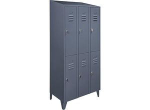 4250618240510 - Garderobenschrank mit Schrägdach halbhohe Fächer Gesamtbreite 900 mm 6 Abteile blaugrau RAL 7031