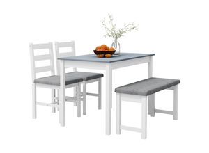 4255633528346 - Essgruppe mit 2 gepolsterten Stühlen und einer Bank weiß grau 108L x 65B x 75H cm esszimmertisch mit bank stühlen esstisch-set küchentisch-set