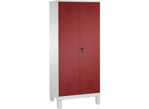 4059096759770 - EVOLO Raumpflege- Geräteschrank verkürzte Trennwand 6 Haken Abteile 2 x 400 mm mit Füßen lichtgrau   rubinrot