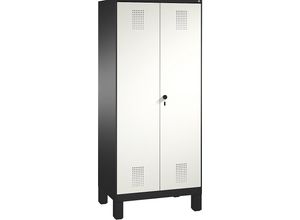 4059096759879 - EVOLO Raumpflege- Geräteschrank verkürzte Trennwand 6 Haken Abteile 2 x 400 mm mit Füßen schwarzgrau   verkehrsweiß