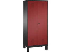 4059096759831 - EVOLO Raumpflege- Geräteschrank verkürzte Trennwand 6 Haken Abteile 2 x 400 mm mit Füßen schwarzgrau   rubinrot