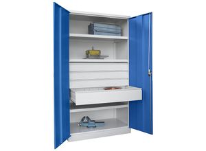 4055479663115 - Schwerlastschrank Höhe 1950 mm 3 Fachböden 4 Schubladen grau   blau