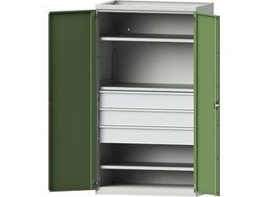 4014641095468 - eurokraft pro Schwerlastschrank aus Stahl 3 Fachböden 3 Schubladen 180 mm hoch lichtgrau resedagrün