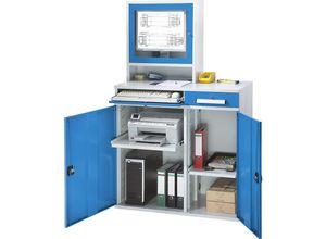 4061753033413 - eurokraft pro Computer-Arbeitsstation Stahlblech HxB 1770 x 1100 mm mit Monitorgehäuse Türfarbe Lichtblau